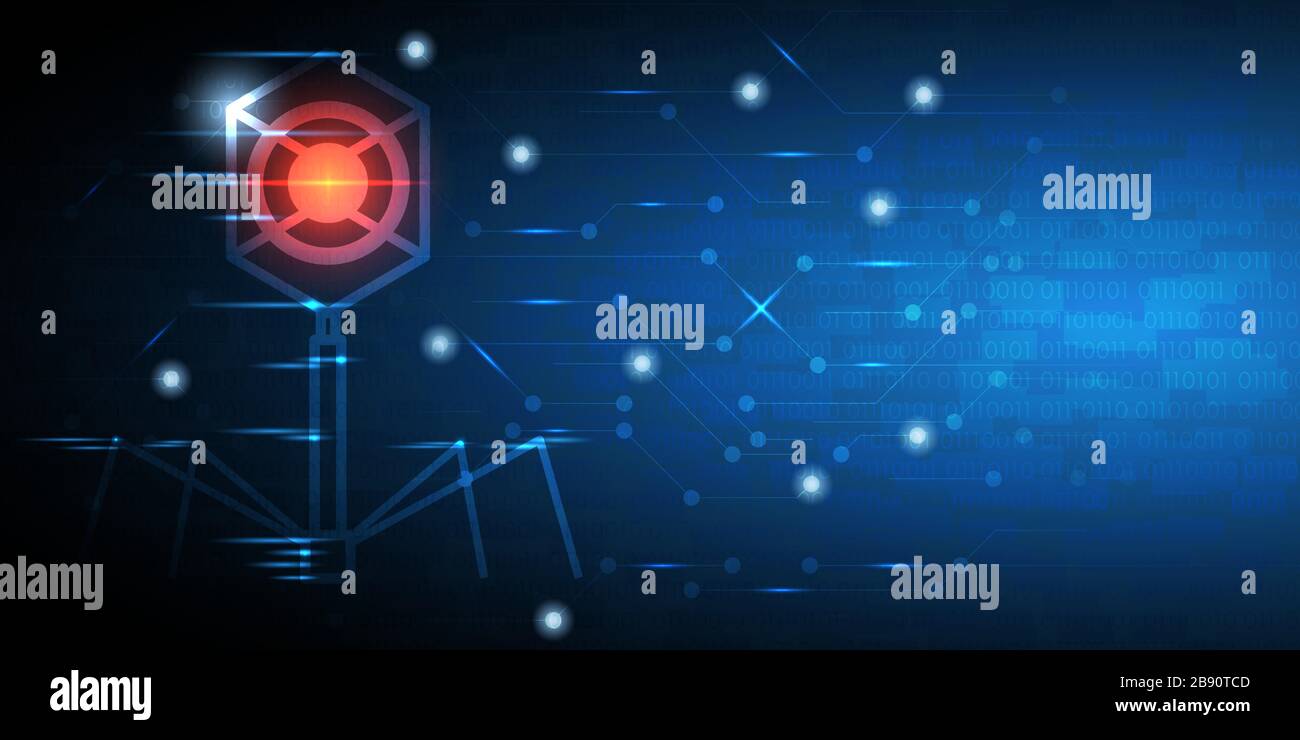 Abstract technology background with glowing virus, binary code and circuit pattern, sparkle ...