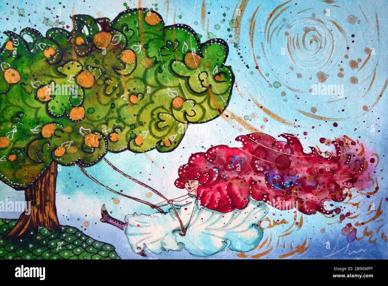 Spring blossoming tree. Happy and active girl on swing Stock Photo - Alamy