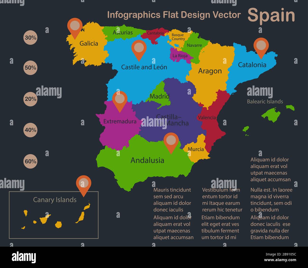 Infographics Spain map, flat design colors, with names of individual ...