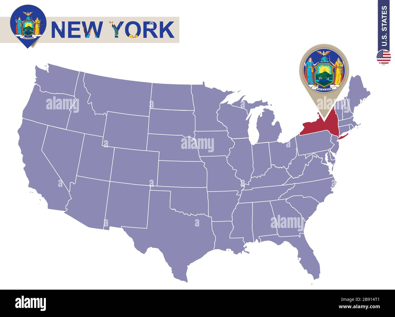 New York State on USA Map. New York flag and map. US States Stock ...