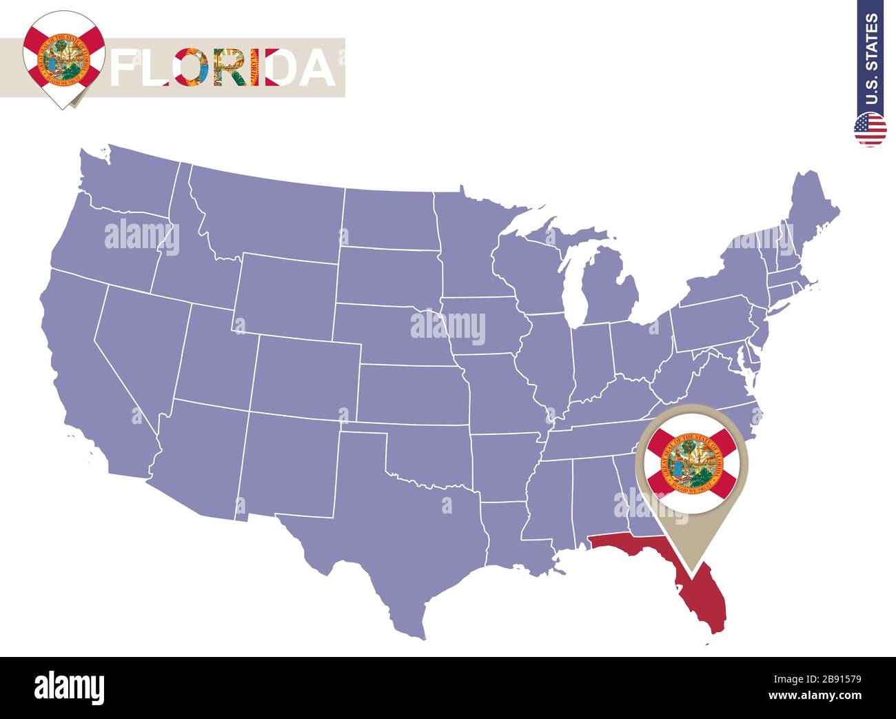 Florida State on USA Map. Florida flag and map. US States Stock Vector ...