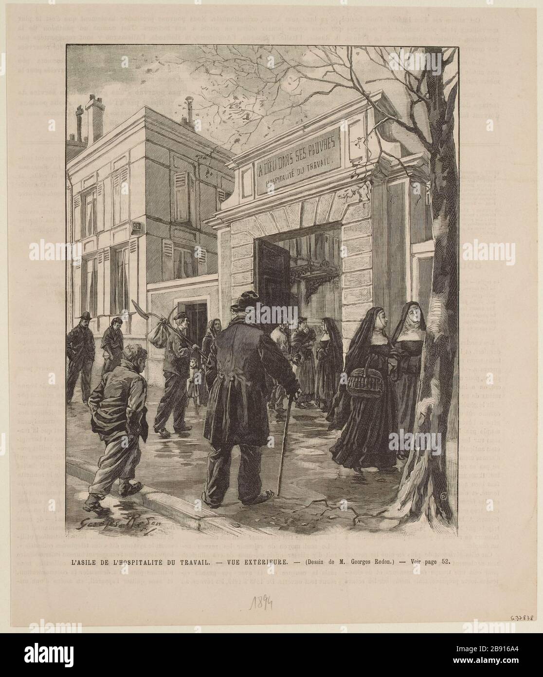 Asylum hospitality work. - Outside view. - (Drawing by Georges Redon ...