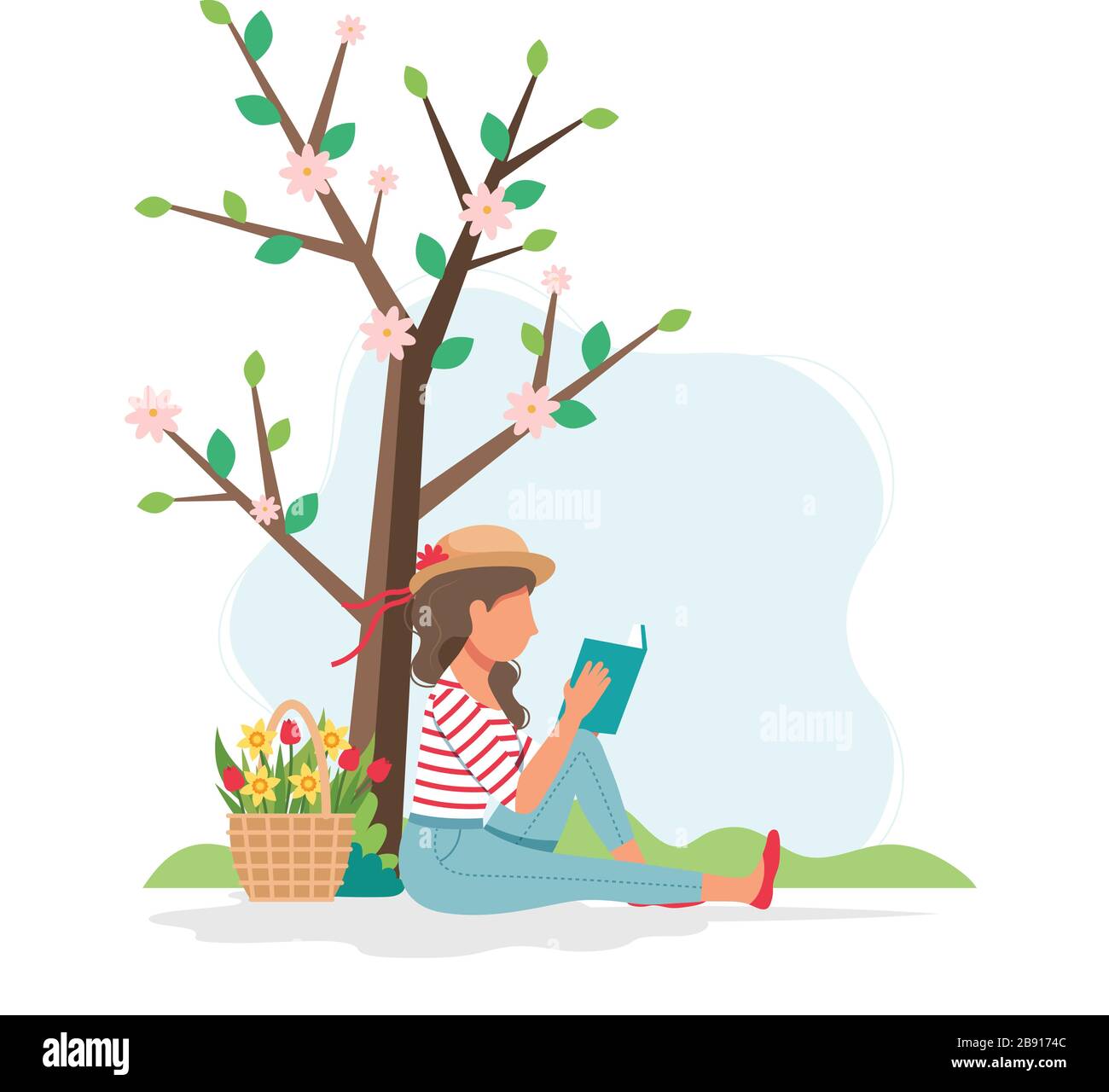 Woman reading book under the tree in spring. Cute vector illustration ...