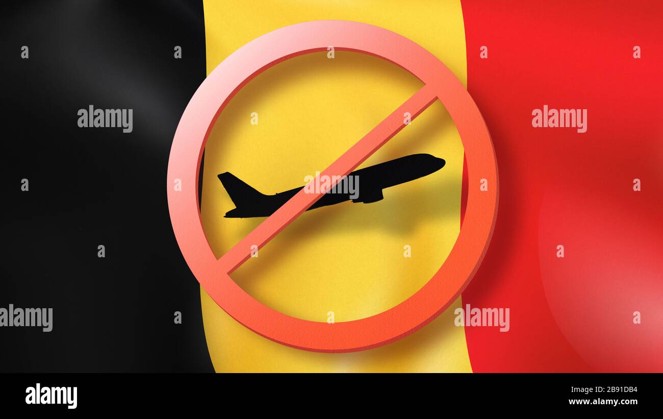 Forbbiden sign with crossed out plane on the background of Belgian flag ...