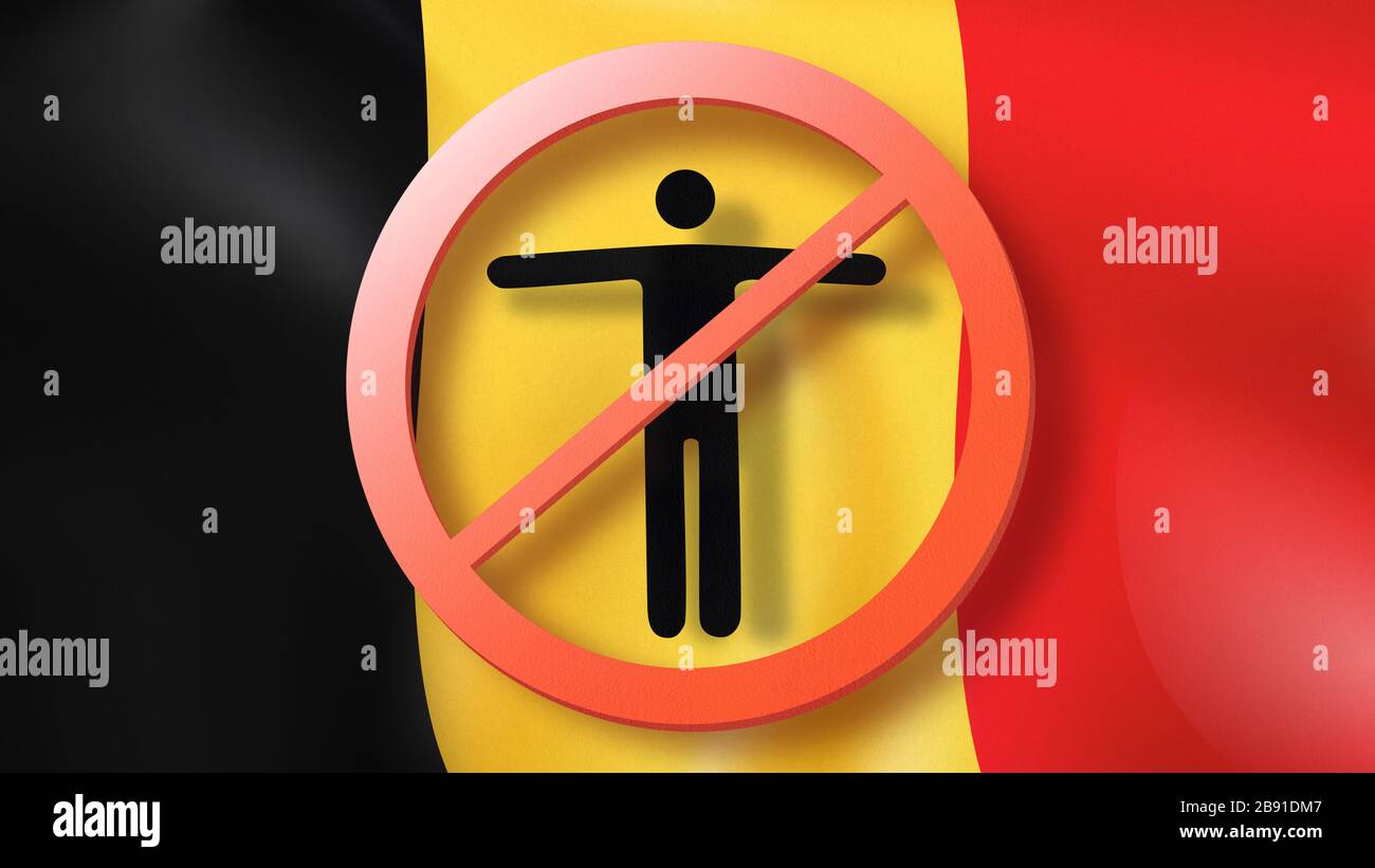 Warning sign with crossed out man on a background Belgian flag Stock ...