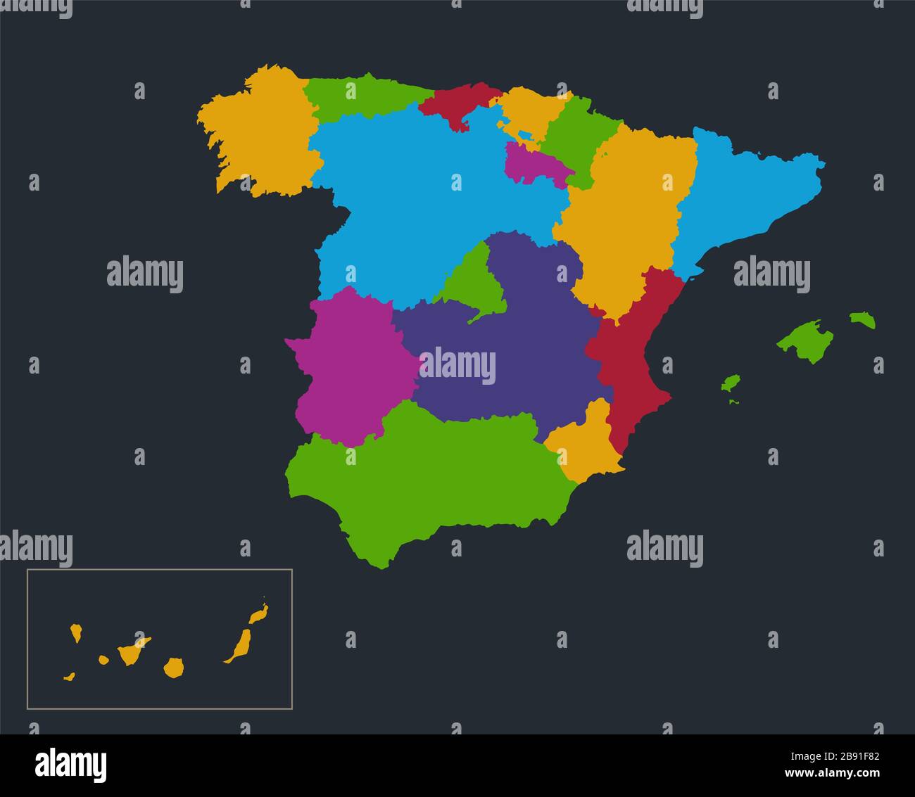 Infographics Spain map, flat design colors, individual regions, blue ...