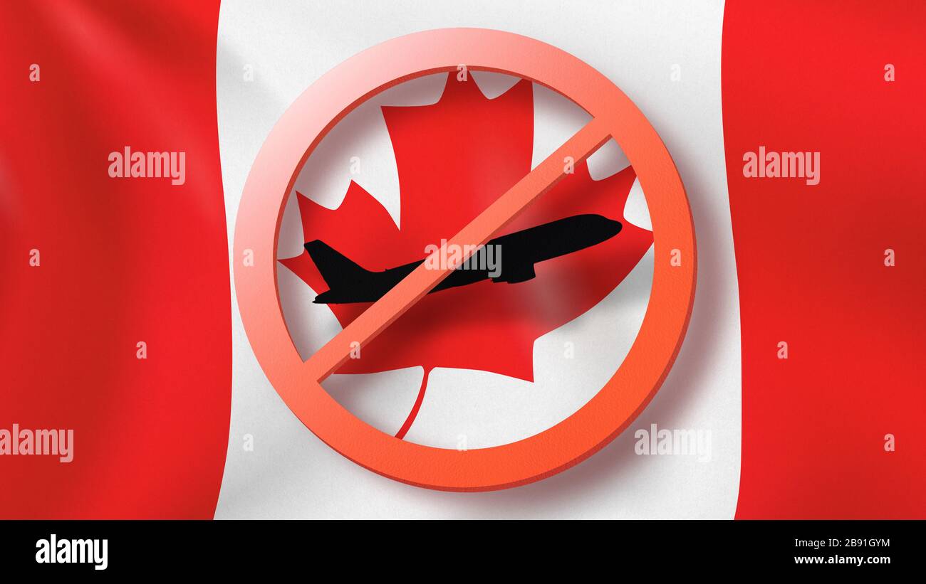 Warning sign with crossed out plane on the background of Canadian flag ...