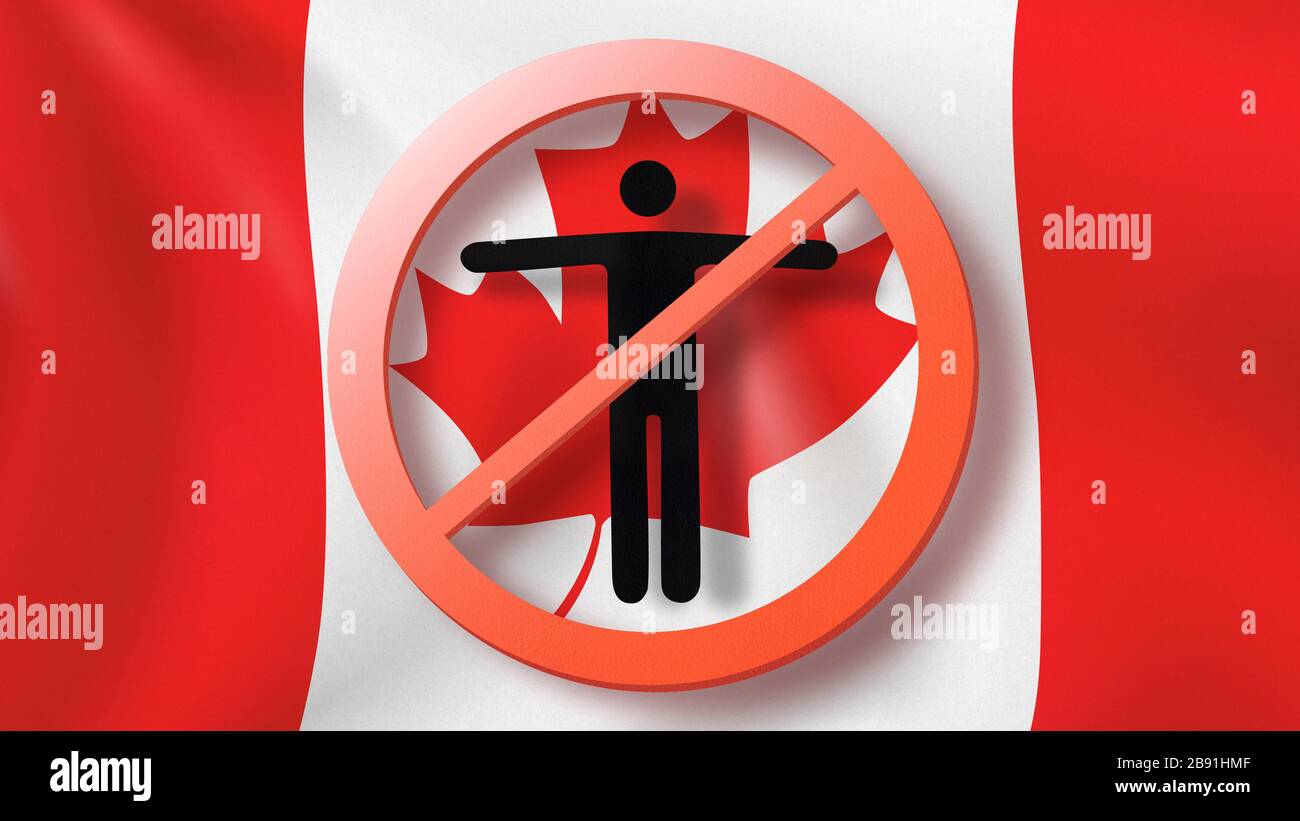Fobbiden sign with crossed out man on a background of Canadian flag ...