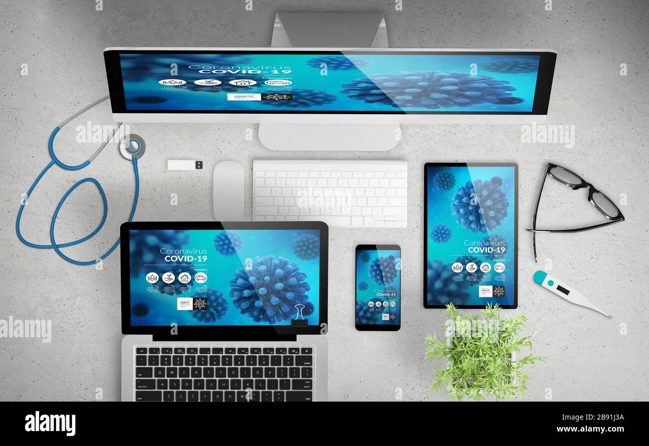 devices top view with covid-19 info responsive website 3d rendering ...