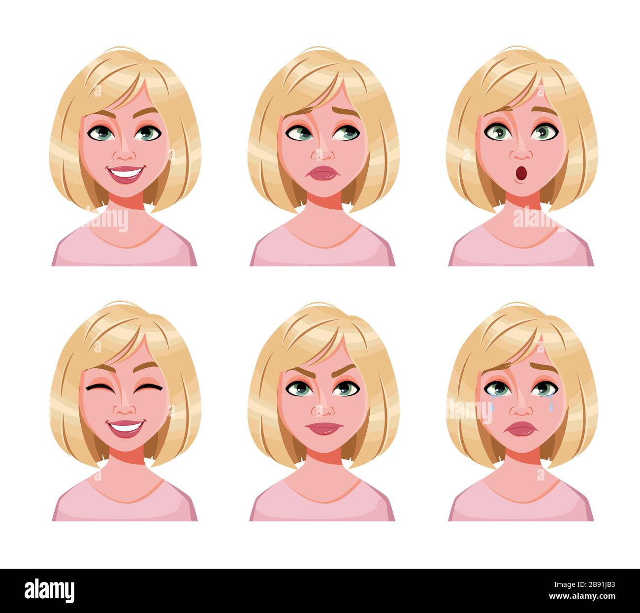 Face expressions of cute blonde woman. Different female emotions set ...
