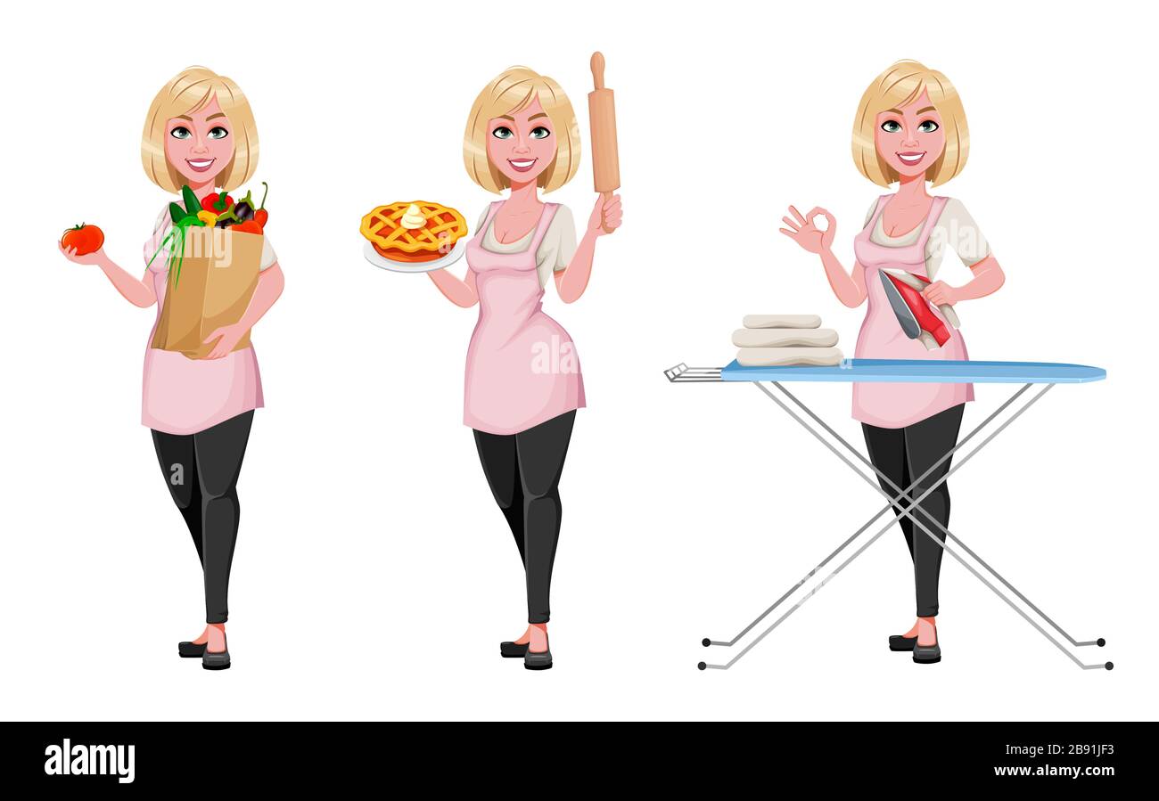 Housewife concept, young pretty stylish woman, set of three poses ...