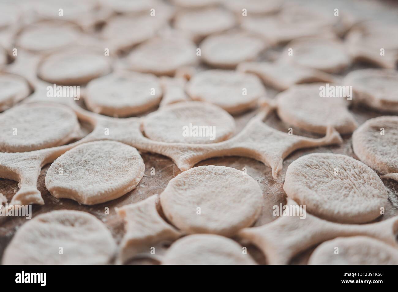 Rolled dough with sliced circles for dumplings, texture.2020 Stock ...