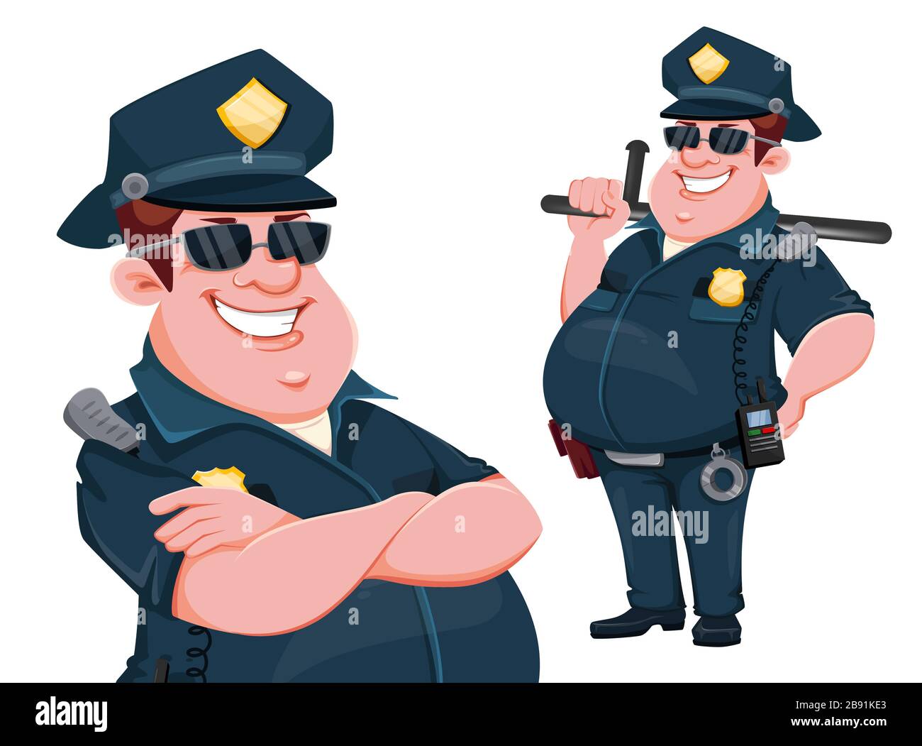 Police Officer Set Of Two Poses Cheerful Cartoon Character Vector