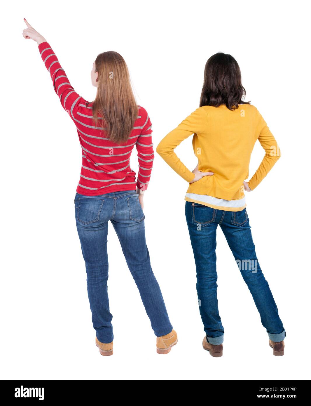 Back view of two pointing girl in sweater. Rear view people collection ...