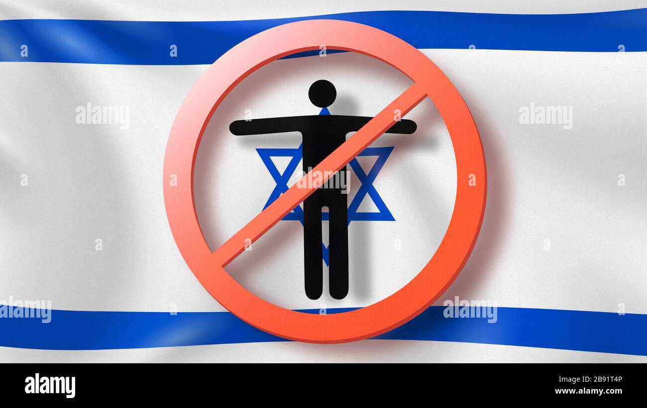 Warning sign with crossed out man on a background Israeli flag Stock ...