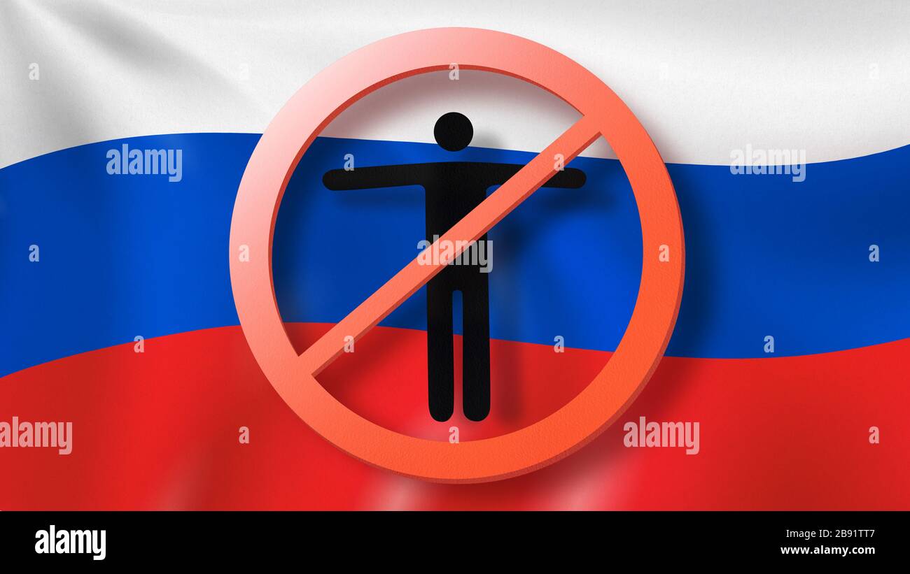 Warning sign with crossed out man on a background Russian flag Stock ...