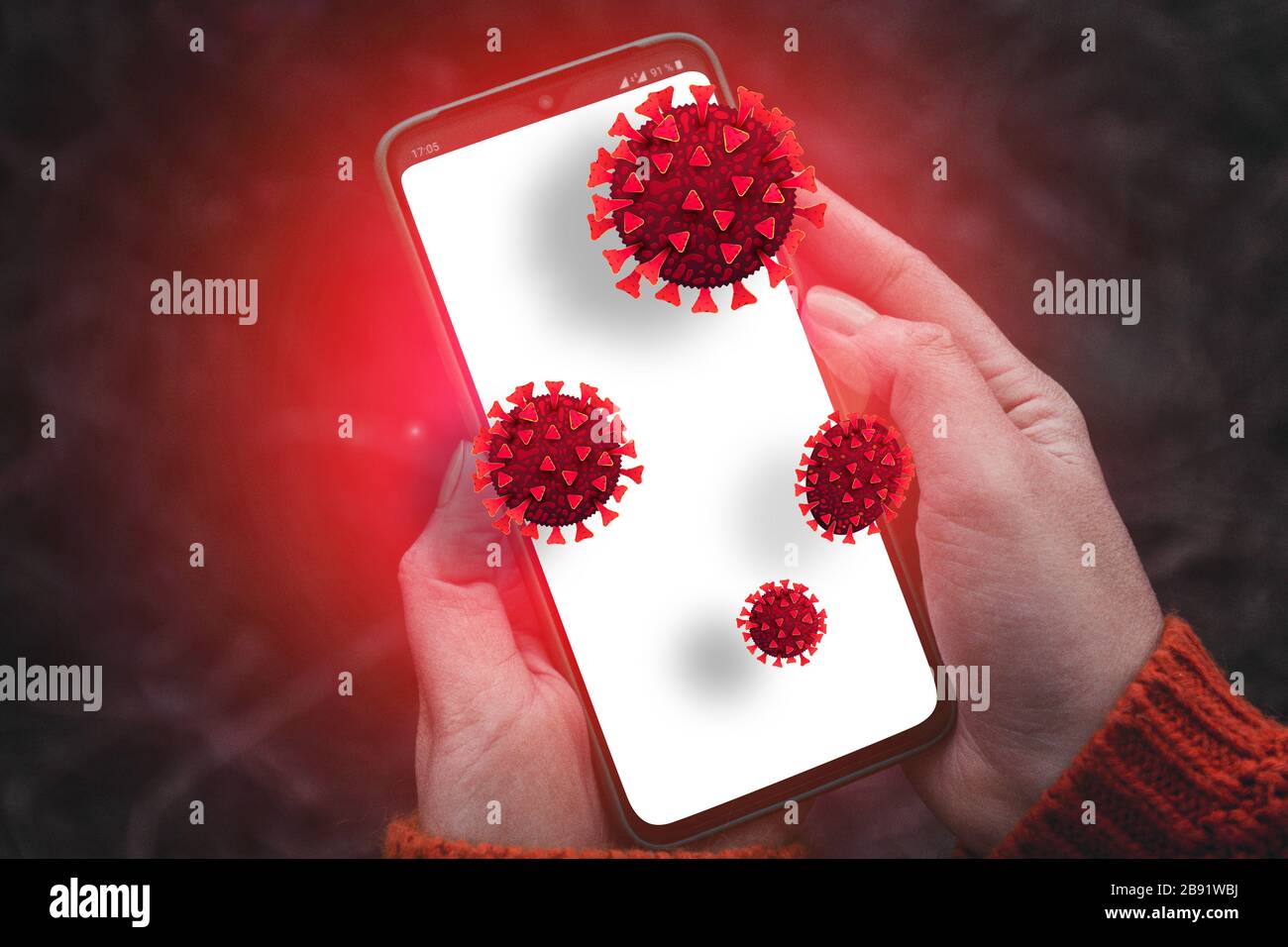 Person hands holding smartphone with dirty infectious bacteria and ...