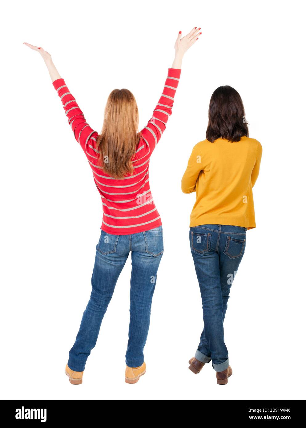 Back view of two woman in sweater. Rear view people collection ...