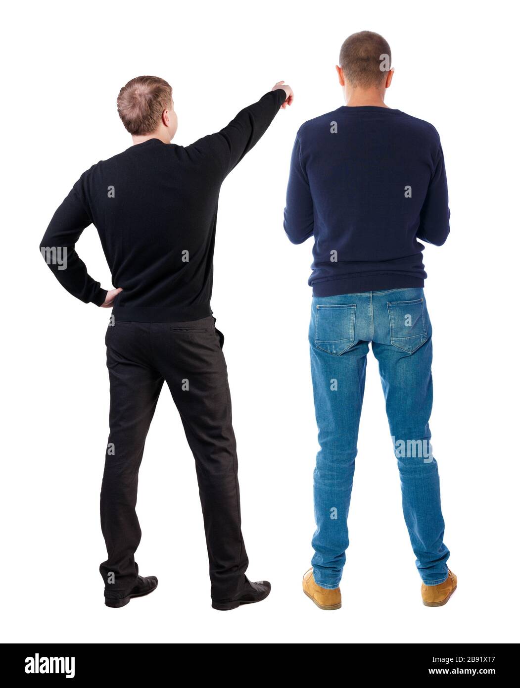 Back view of two man in sweater with mobile phone. Rear view people ...