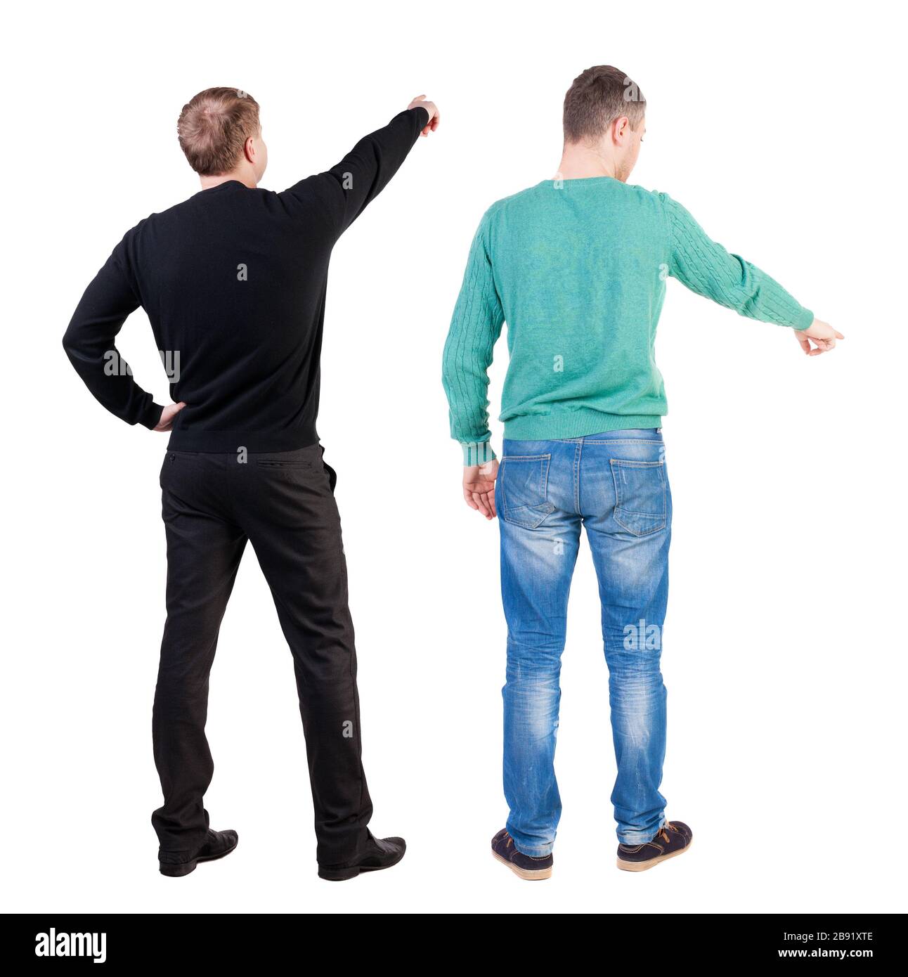 Back view of two man in sweater pointing. Rear view people collection ...