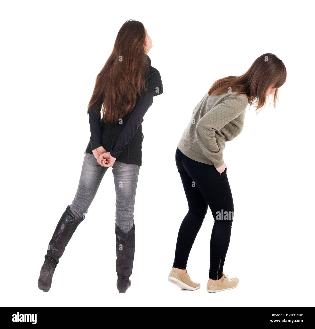 Back view of two woman in sweater. Rear view people collection ...