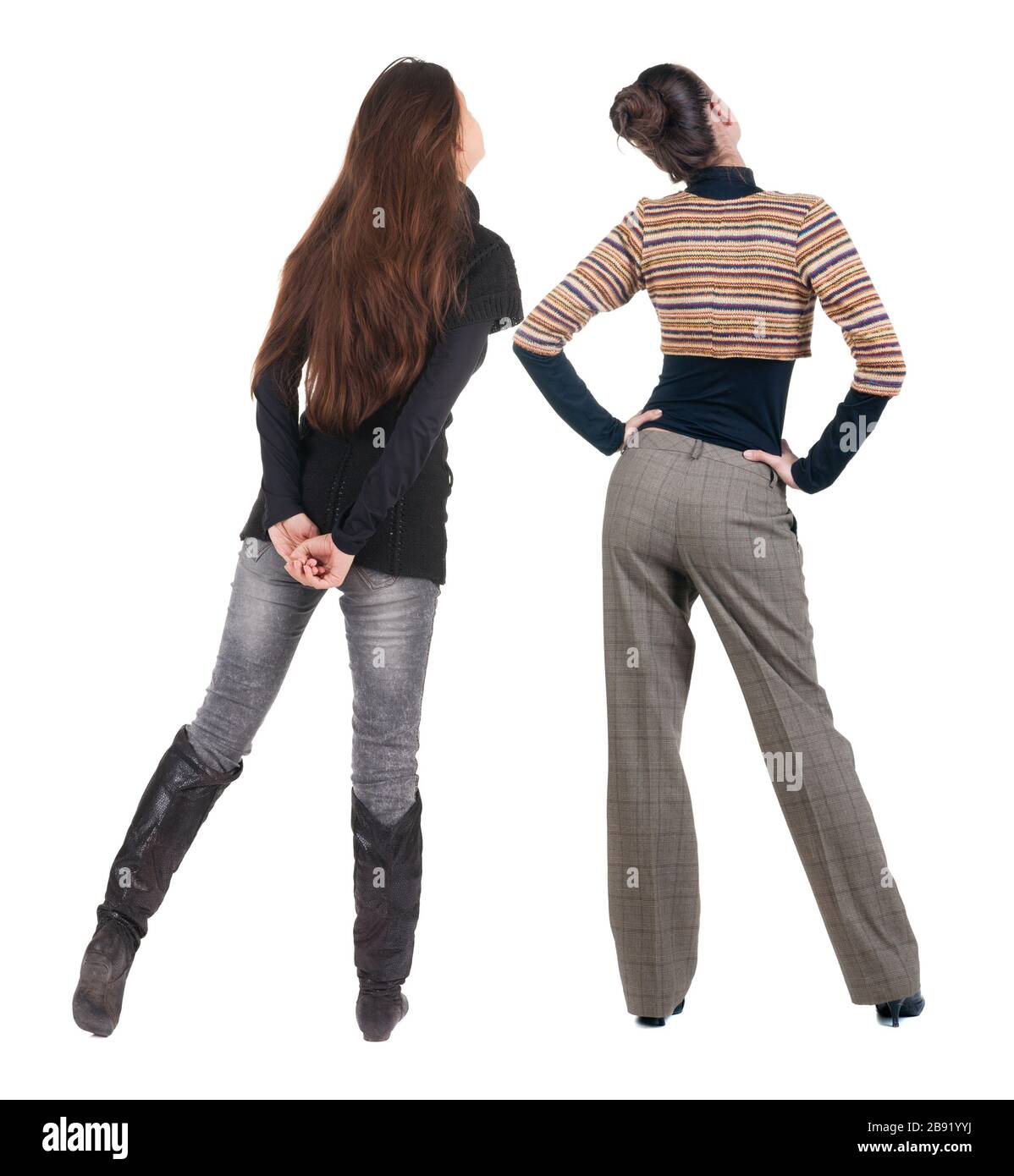 Back view of two woman in sweater. Rear view people collection ...