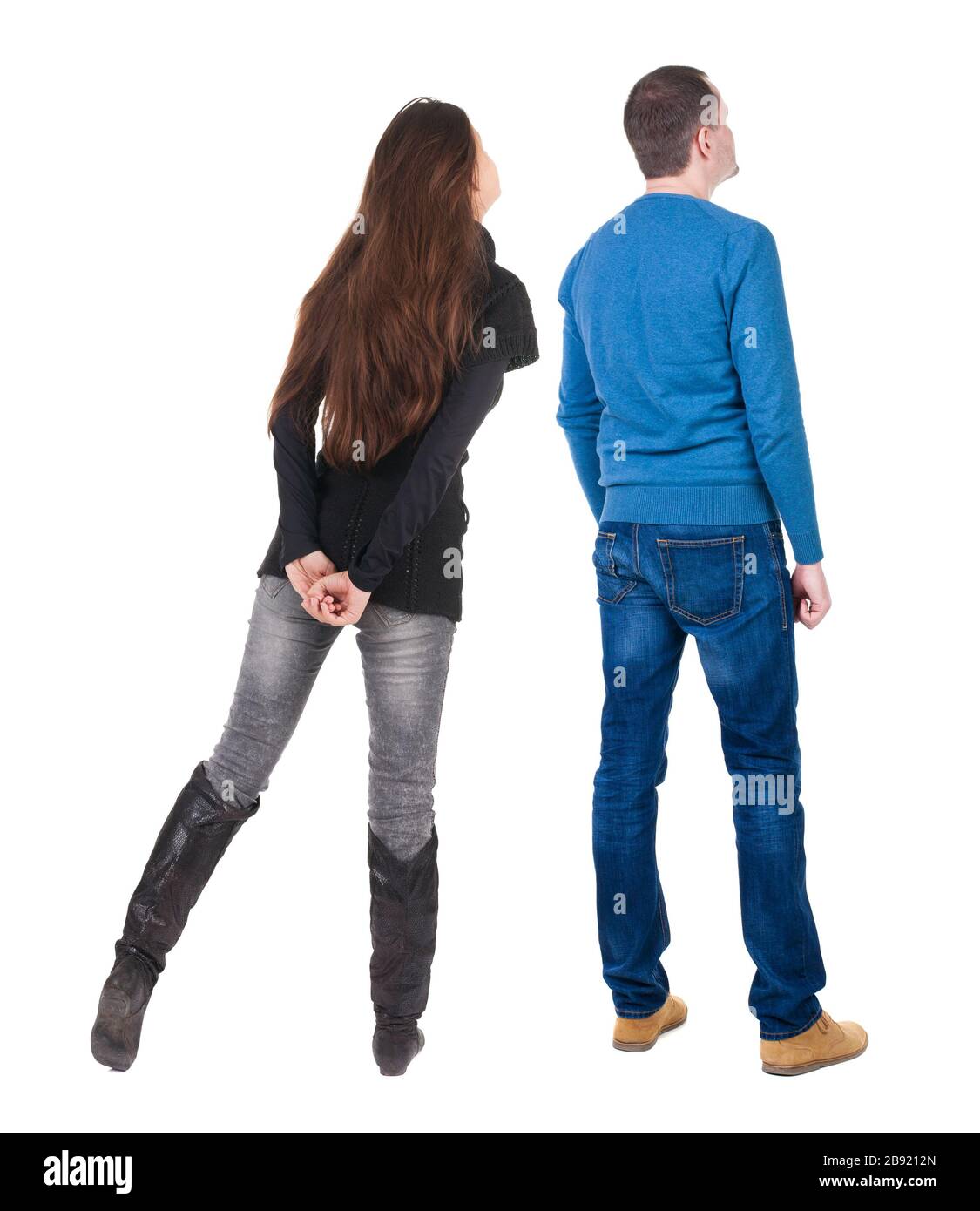 Back view couple in sweater. beautiful man and woman. Rear view people ...