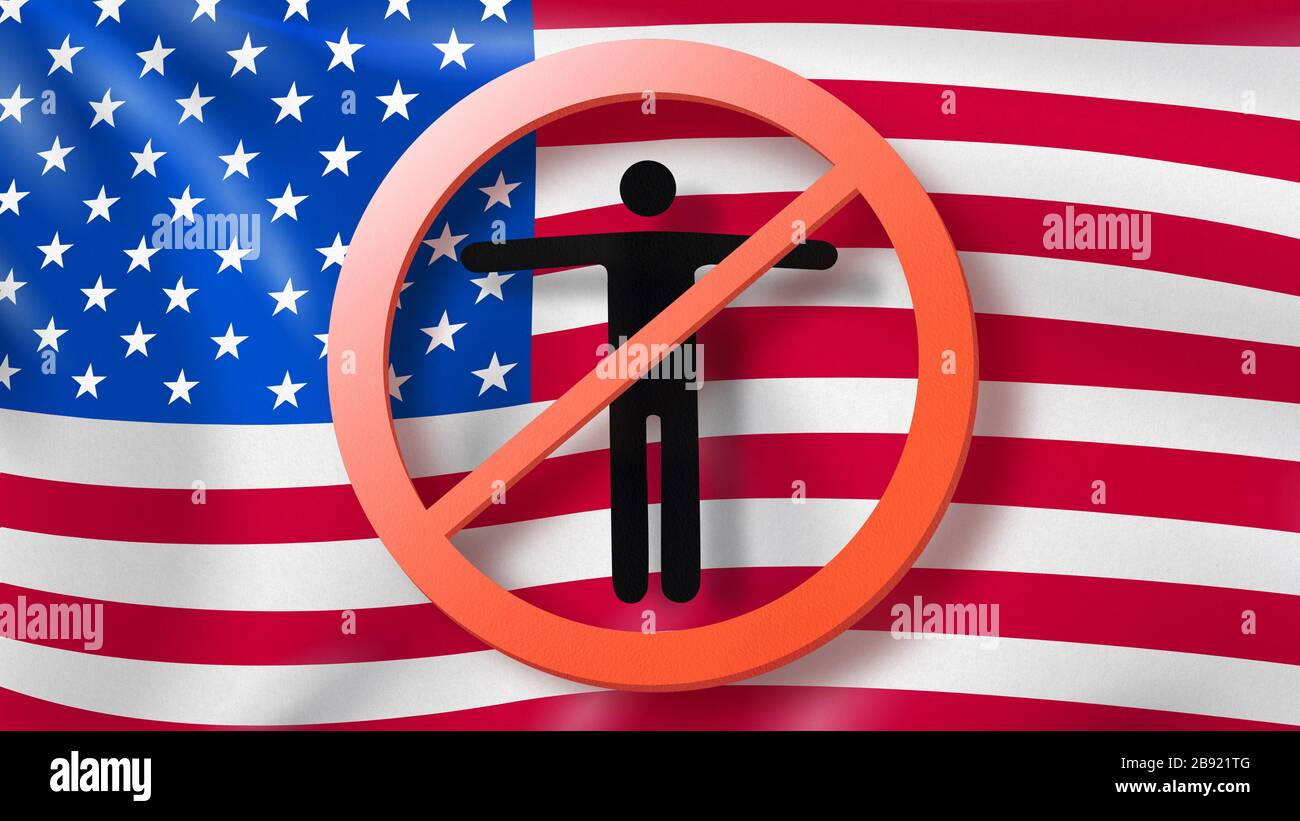 Warning sign with crossed out man on a background American flag Stock ...