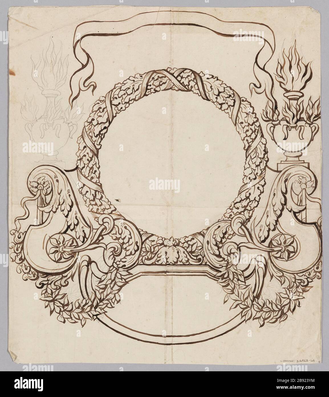 Draft setting for a window: crown, garlands, fire ribbons and pots ...