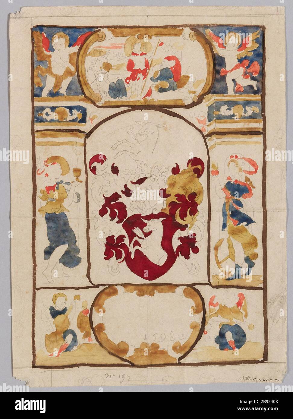 Project design for a stained glass window: heraldic motif in the center ...