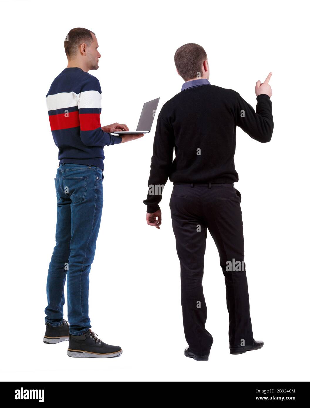Back view of two man in sweater pointing. Rear view people collection ...