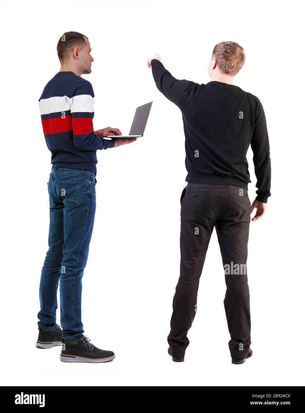 Back view of two man in sweater pointing. Rear view people collection ...