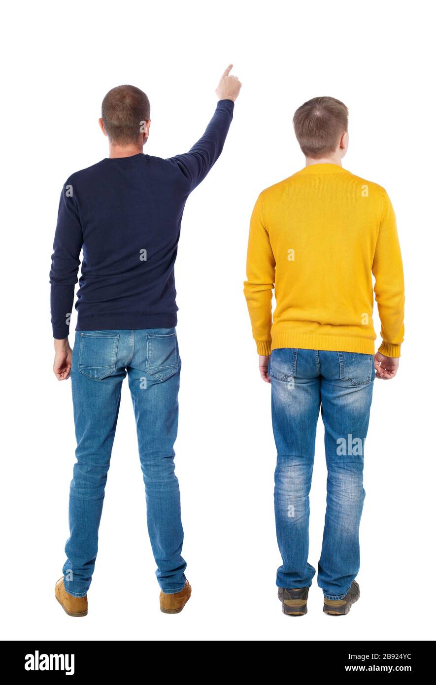 Back view of two man in sweater pointing. Rear view people collection ...