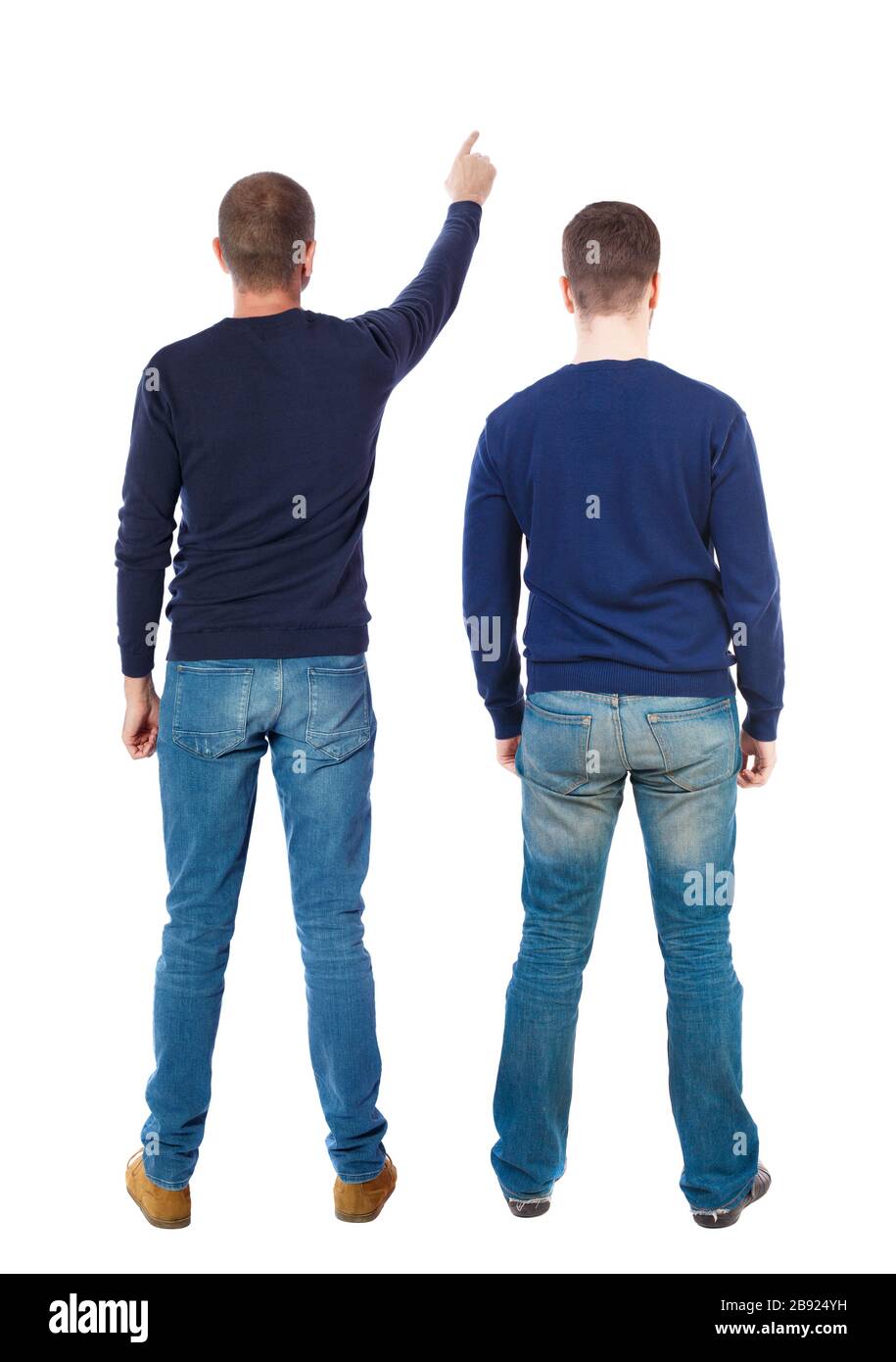 Back view of two man in sweater pointing. Rear view people collection ...