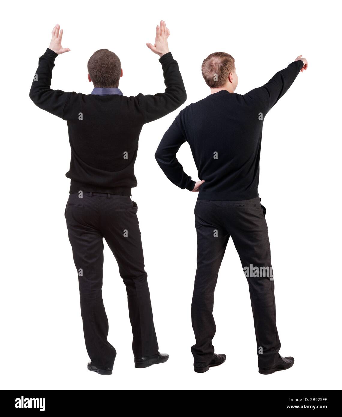 Back view of two man in sweater pointing. Rear view people collection ...