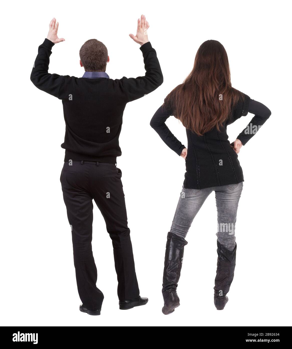 Back view couple in sweater. beautiful man and woman. Rear view people ...