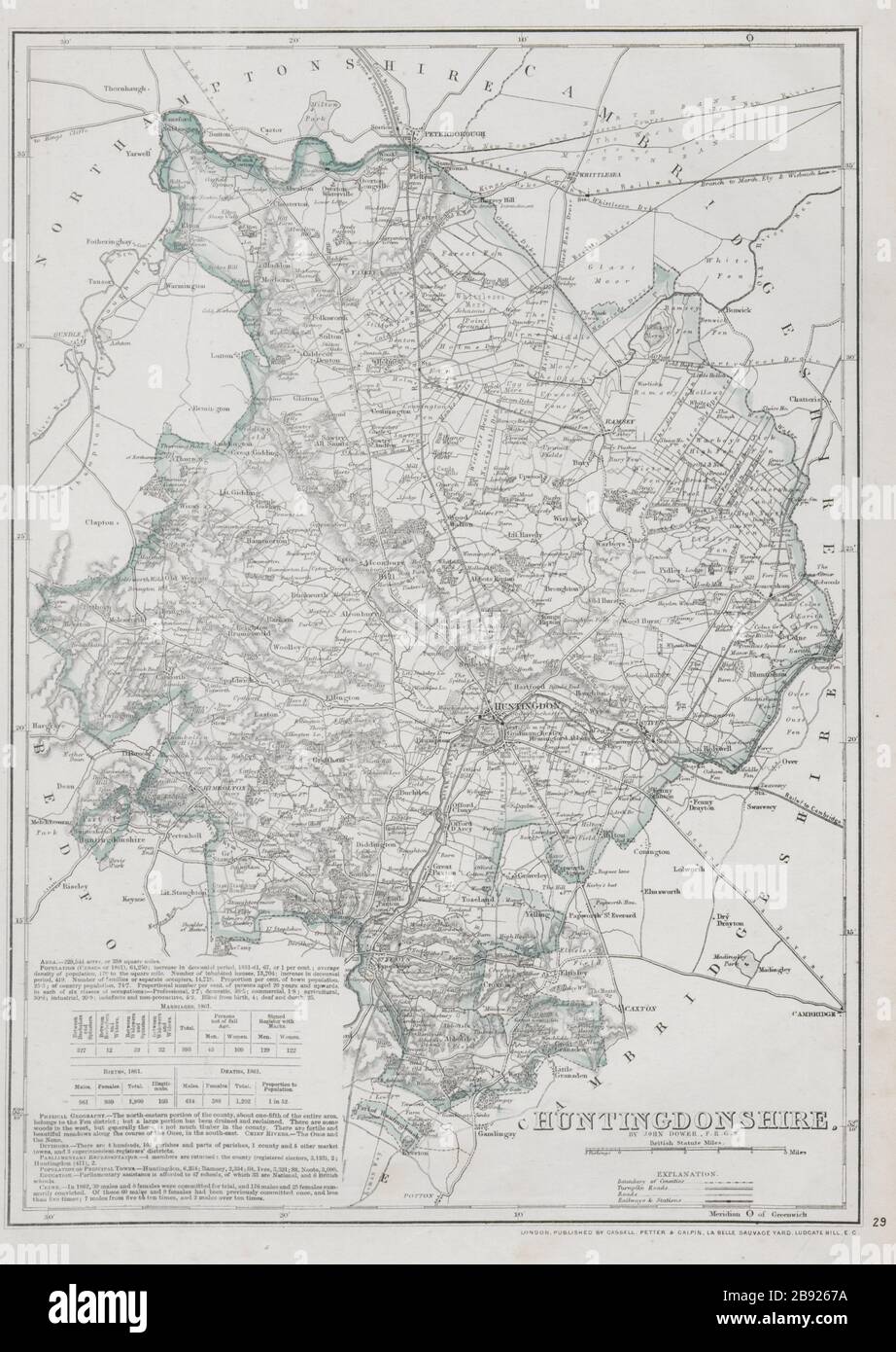HUNTINGDONSHIRE county map. Shows 2 exclaves. Railways.DOWER/BR DAVIES ...