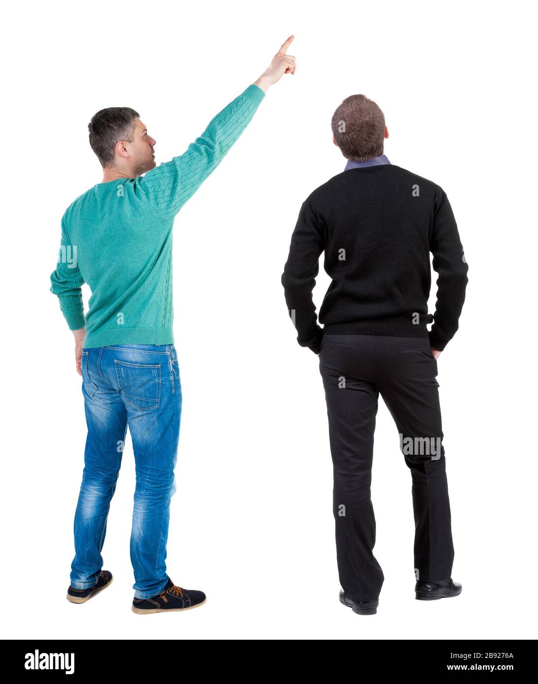 Back view of two man in sweater pointing. Rear view people collection ...