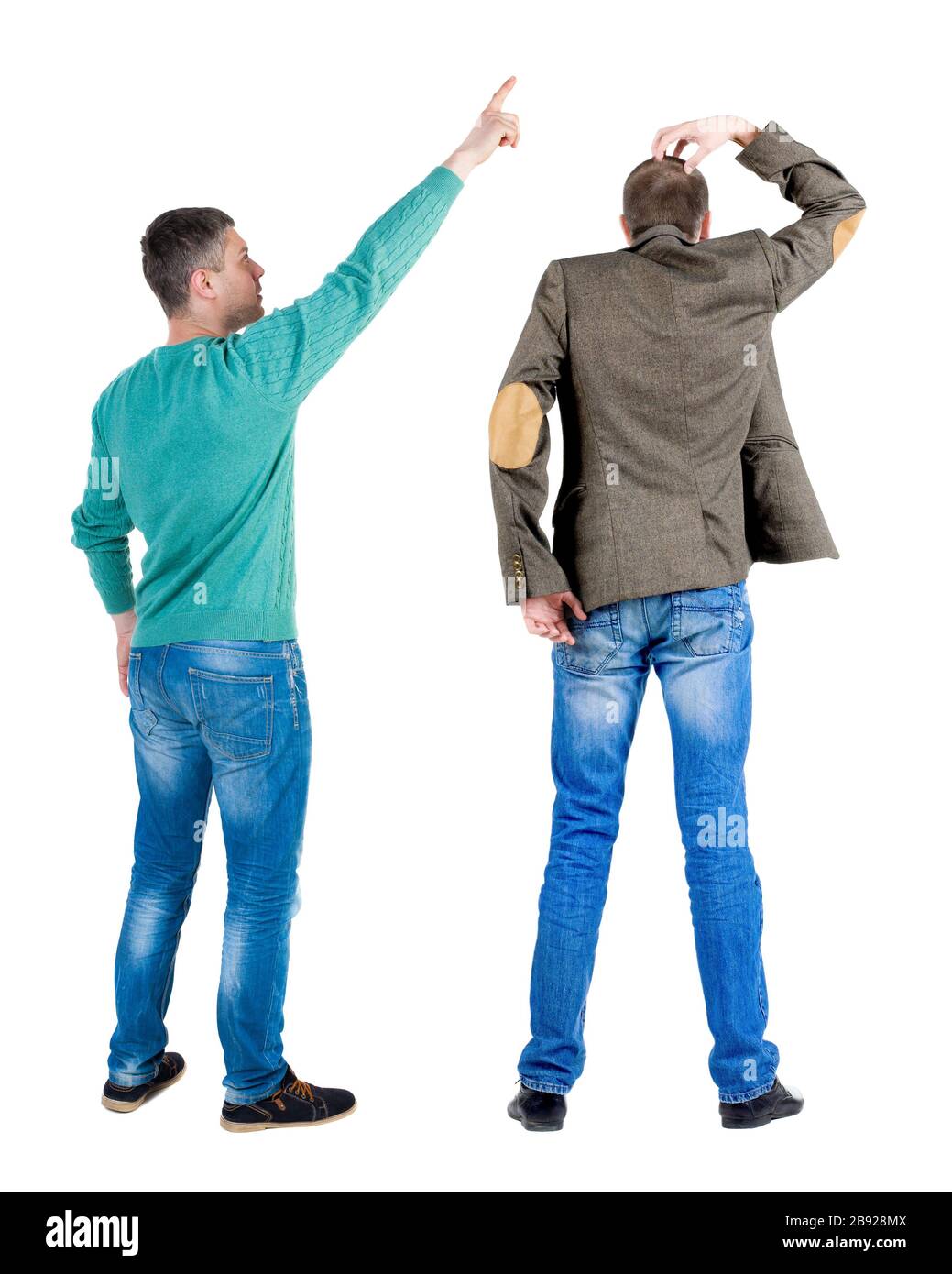 Back view of two man in sweater pointing. Rear view people collection ...