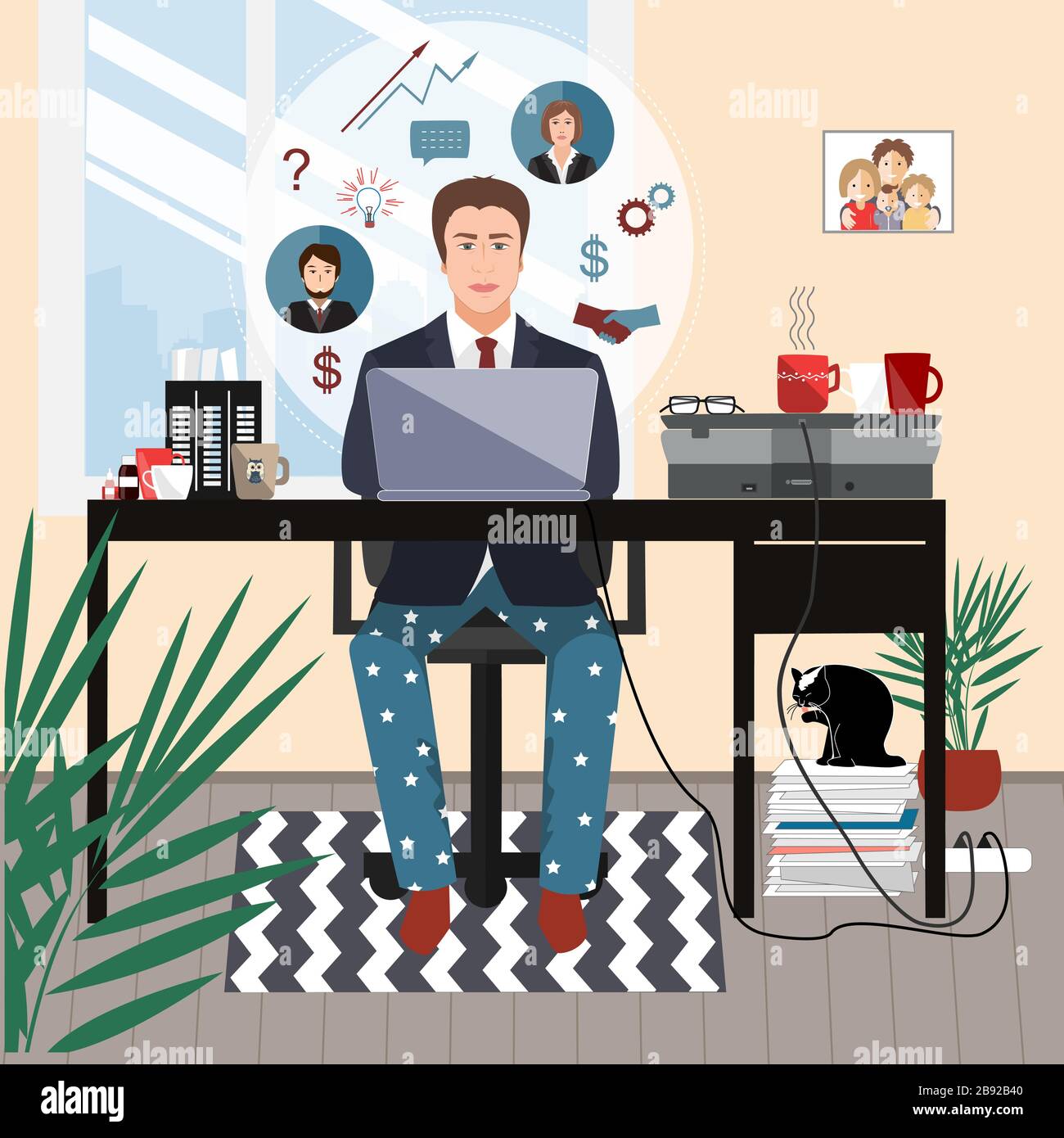 Businessman in a suit jacket and pajama bottoms working from home using ...