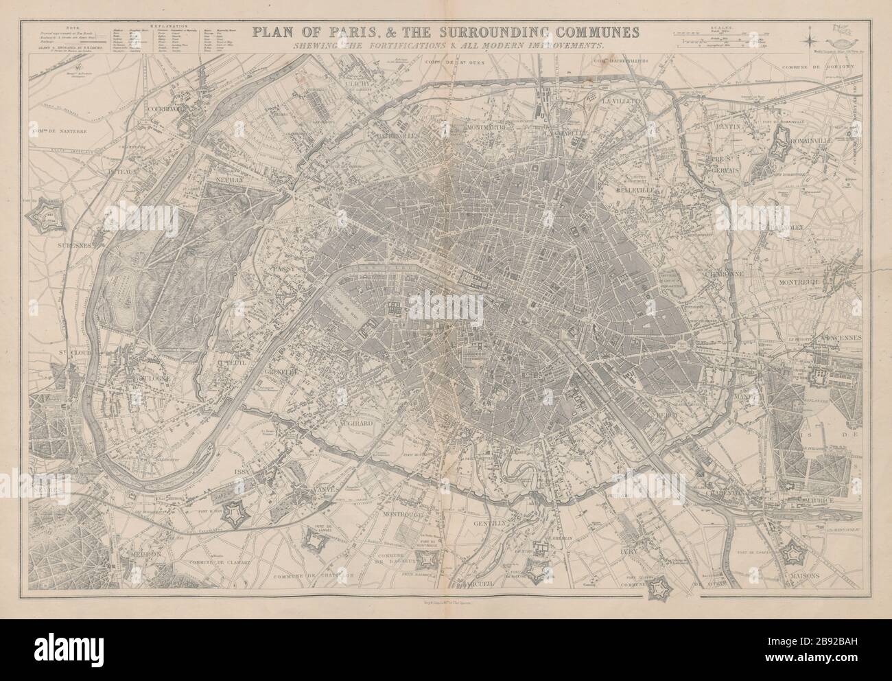 PLAN OF PARIS & SURROUNDING COMMUNES by BR DAVIES. Fortifications 1863 ...