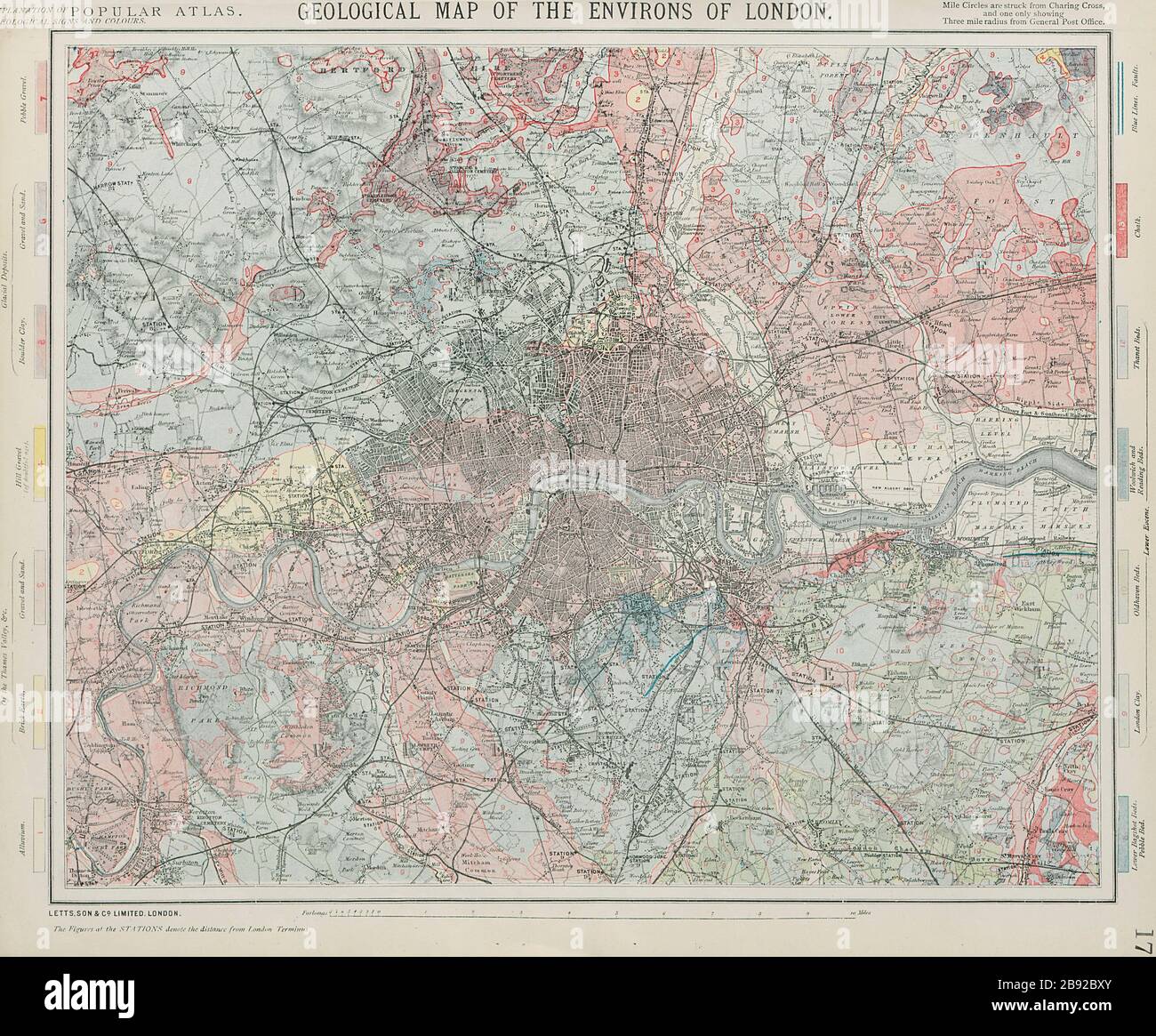 Geological map of the Environs of London. LETTS 1884 old antique chart ...