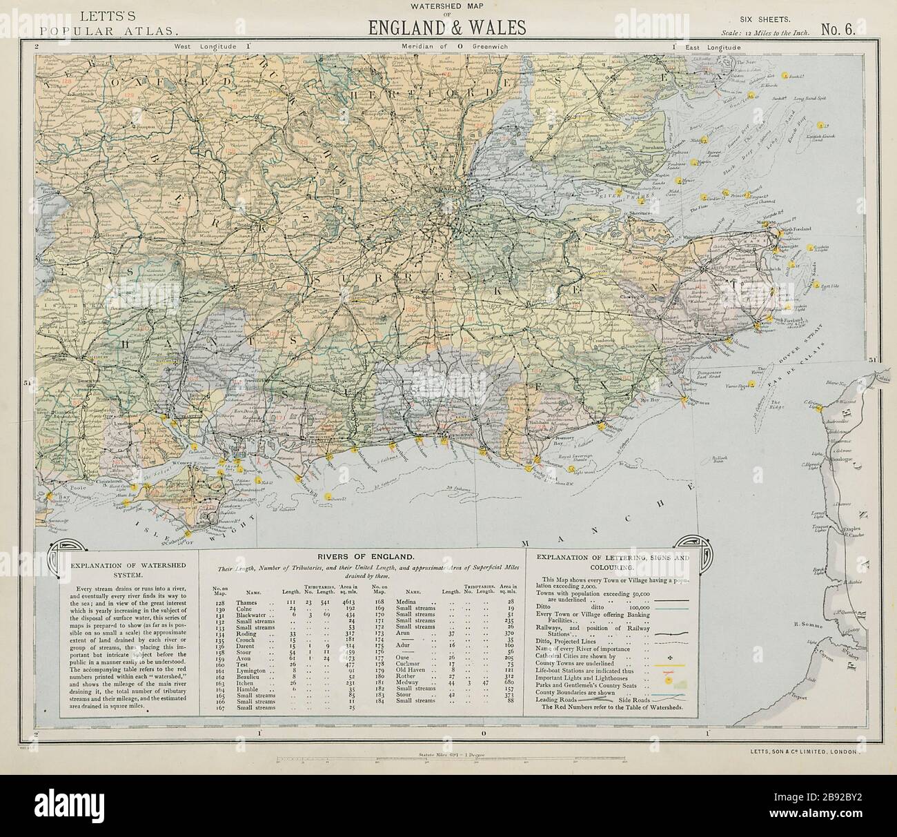 SE ENGLAND WATERSHEDS Lighthouses Lifeboat stations. Thames. LETTS 1884 ...