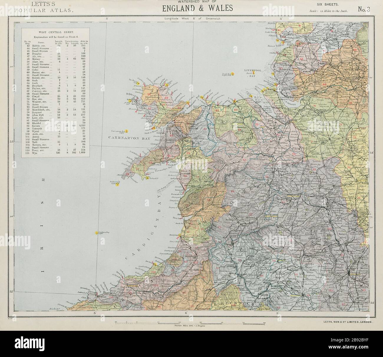 NORTHWEST ENGLAND & NORTH WALES WATERSHEDS & Lighthouses. LETTS 1884 ...