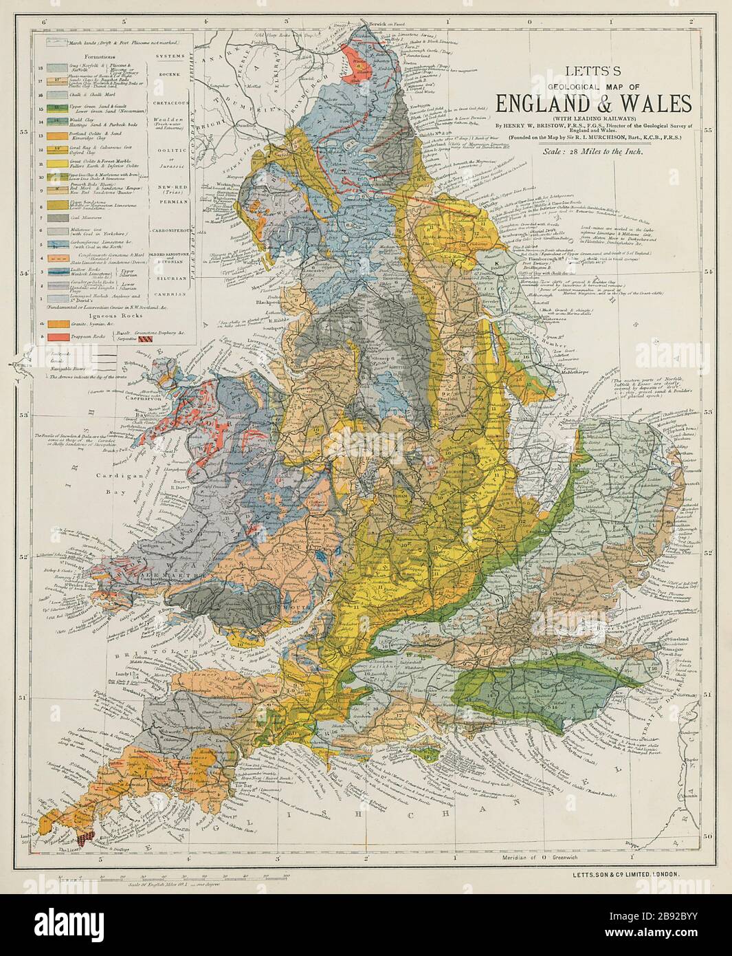 ENGLAND & WALES colour geological Map. LETTS 1884 old antique plan ...