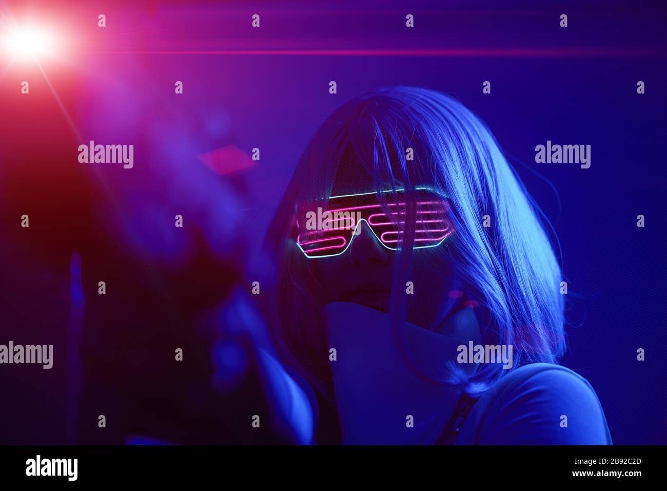 Girl with blaster in the futuristic battle. Concept virtual reality ...