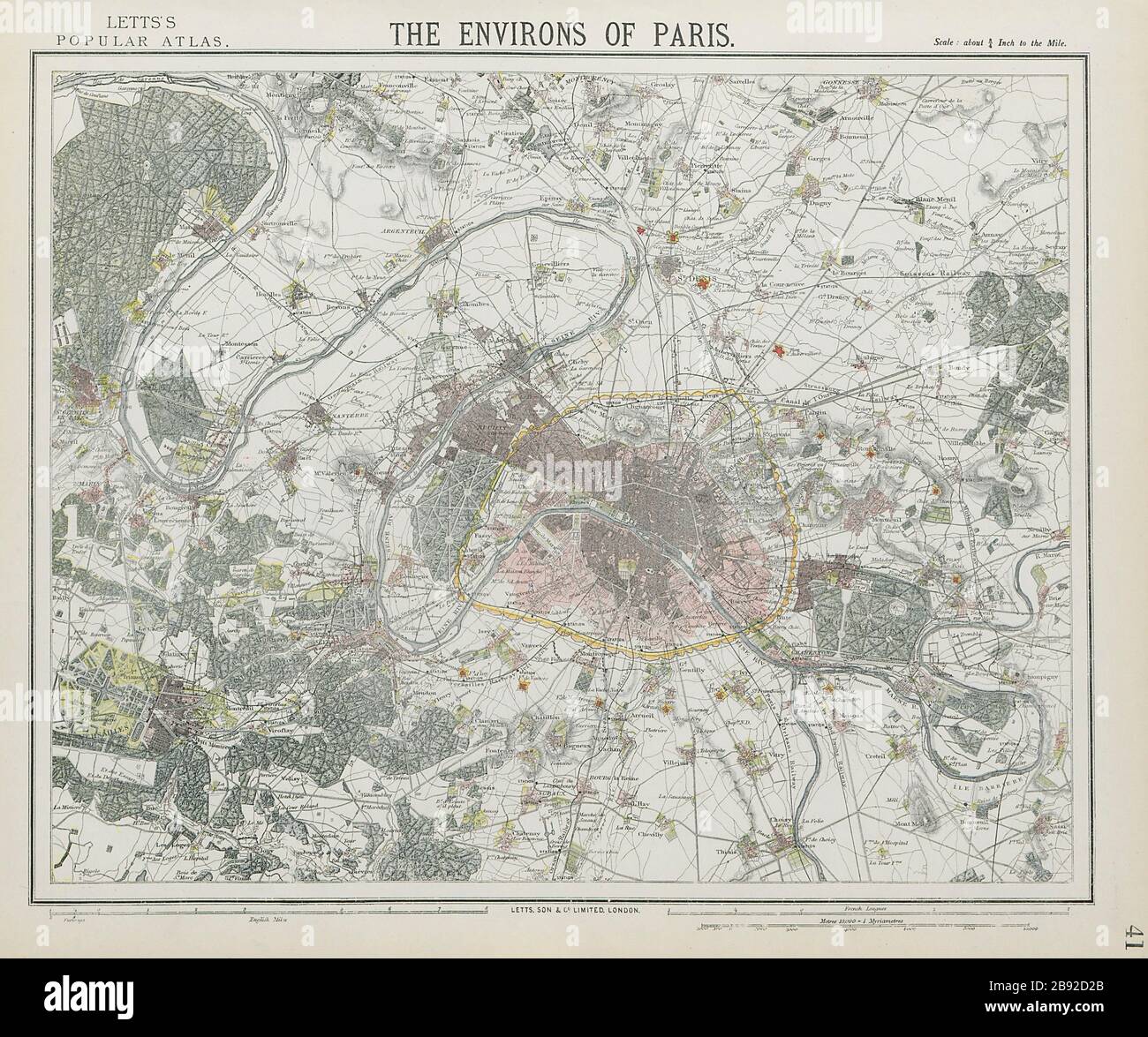 PARIS ENVIRONS. Fortifications. Railways. Versailles. LETTS 1884 old ...