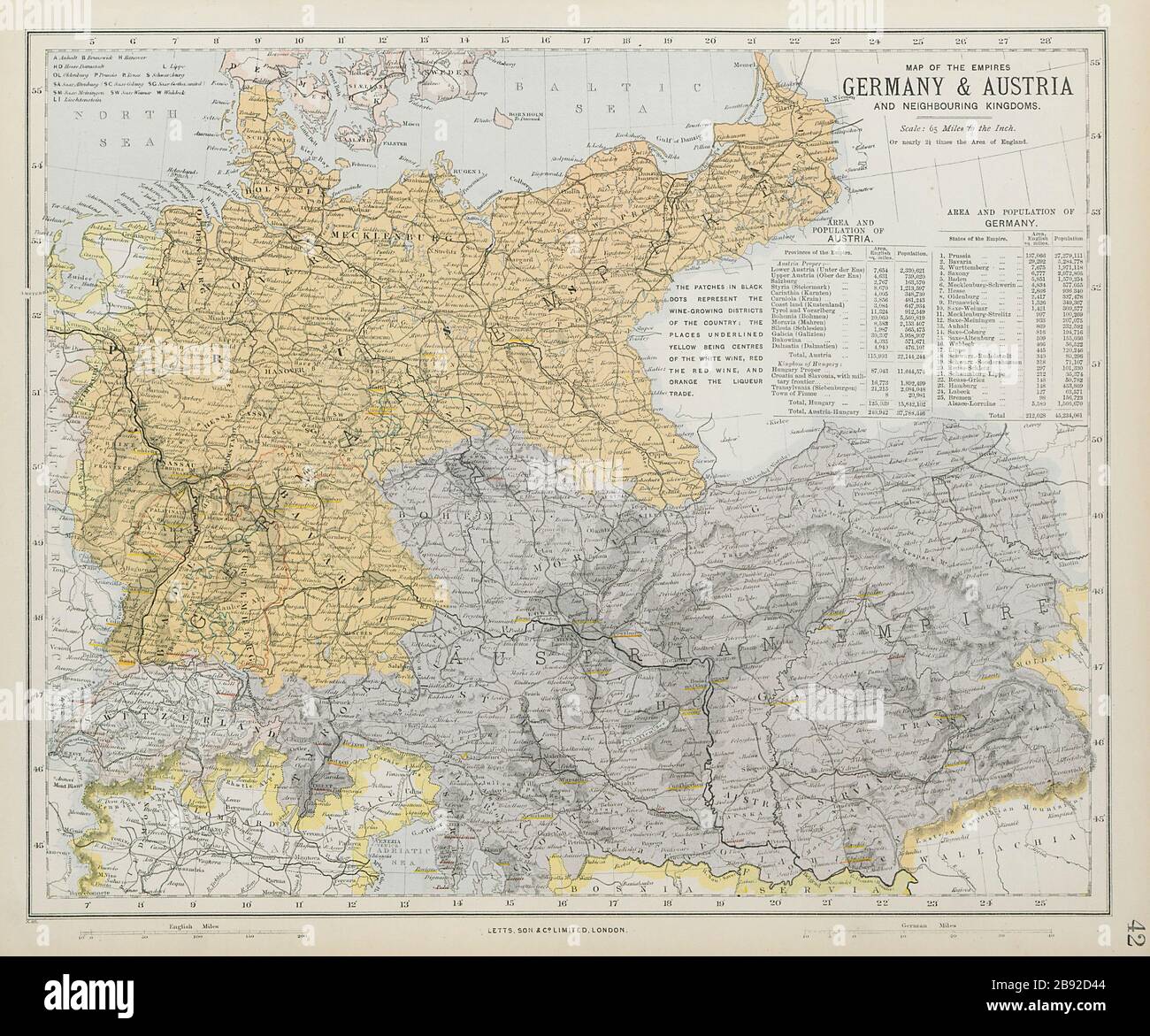 GERMANY & AUSTRIA-HUNGARY wine growing regions in grey. LETTS 1884 old ...