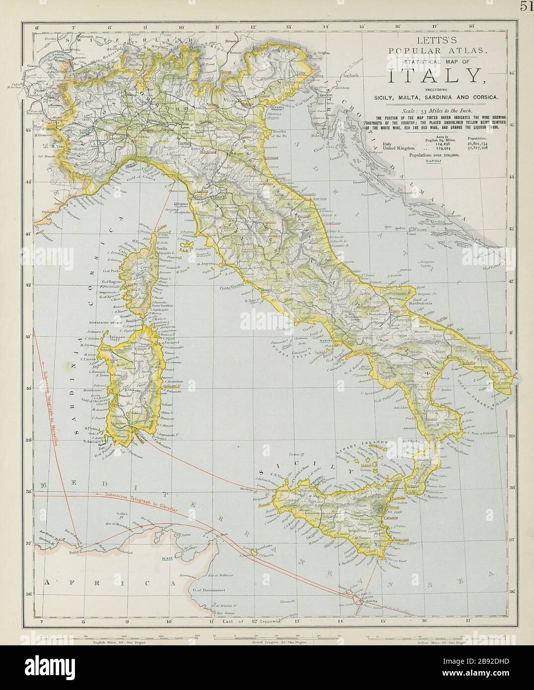 ITALY with red & white wine & liqueur growing districts in green. LETTS ...