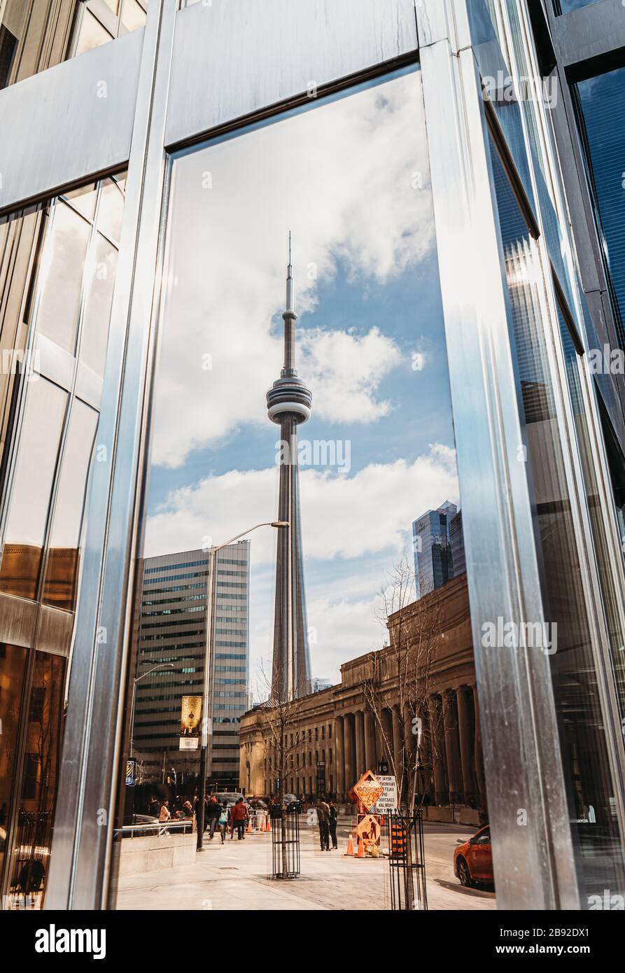 Reflection of CN Tower in a window of a building in Toronto, Canada ...